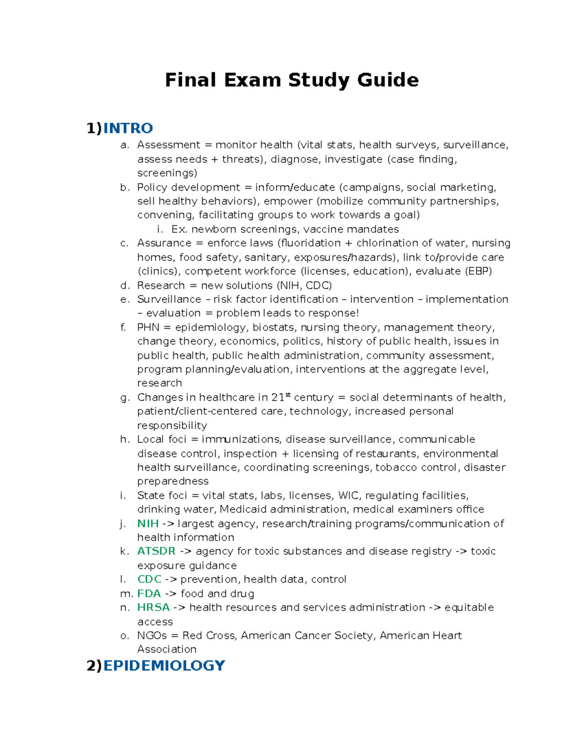 Public health final - Final Exam Study Guide 1)INTRO a. Assessment ...