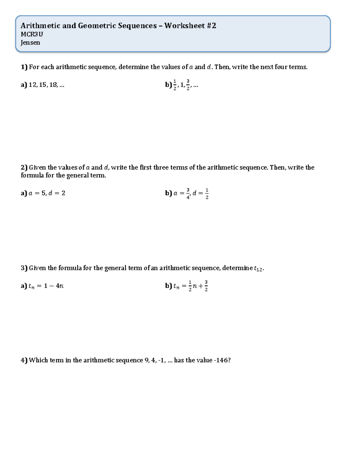 7.3 Sequences - Applications - Worksheet 2 [Questions] - - Studocu