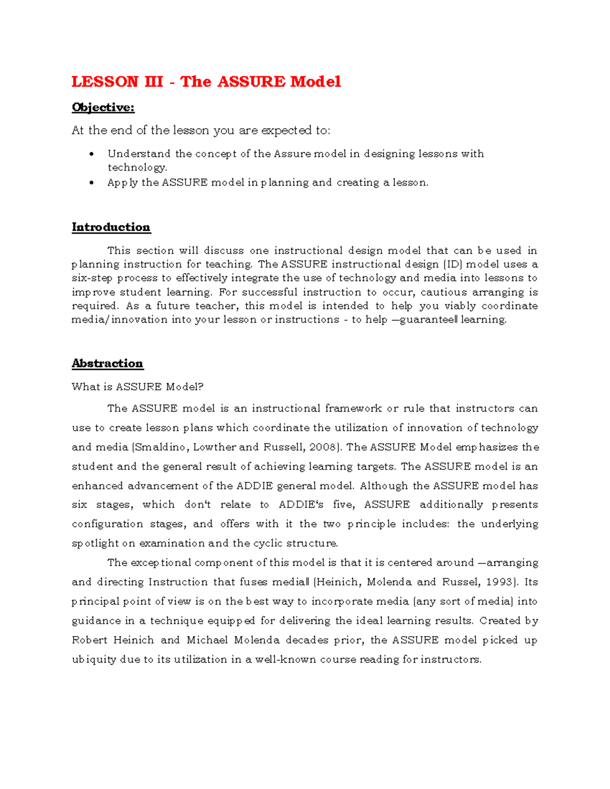 EDUC85 Technology for Teaching and Learning 1 Lesson III- Assure Model ...