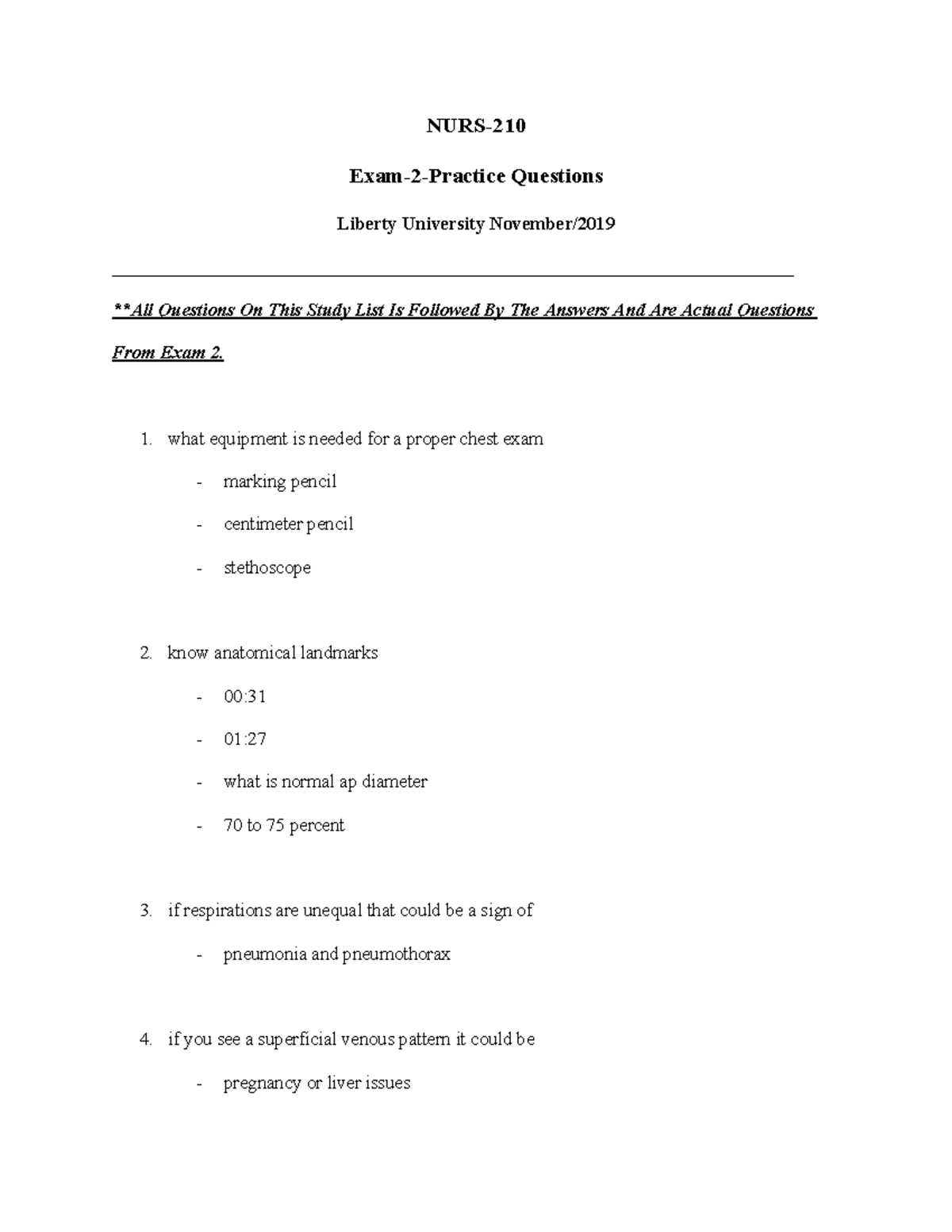 NURS 210 Exam 2 - Exam 2 Practice Questions - NURS- Exam-2-Practice ...