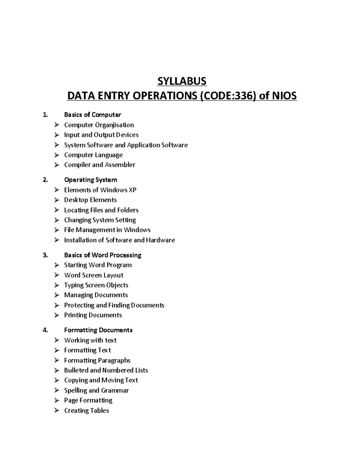 DEO Syllabus 1 - Mcqs and long answers - SYLLABUS DATA ENTRY OPERATIONS (CODE:336) of NIOS 1 ...