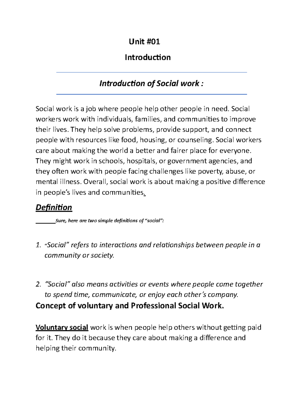 Social Work optional-(PU) - Unit Introduction Introduction of Social ...
