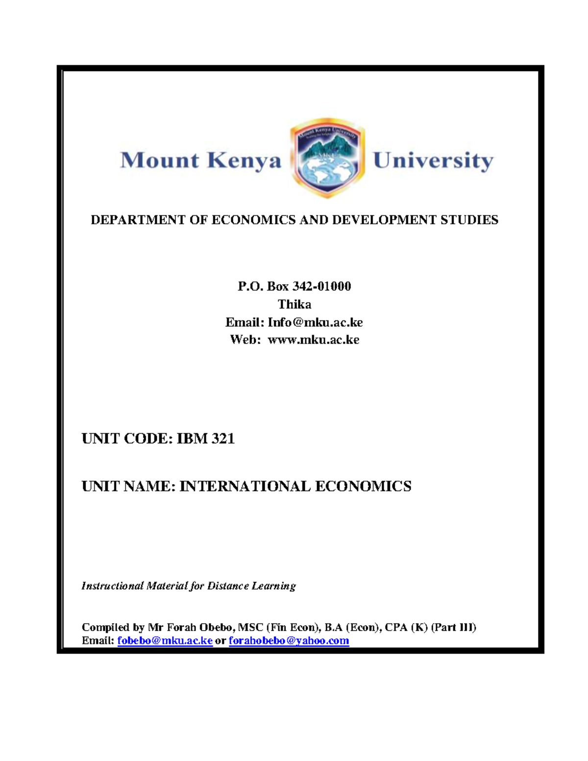 IBM 321 International Economics-1 - DEPARTMENT OF ECONOMICS AND ...