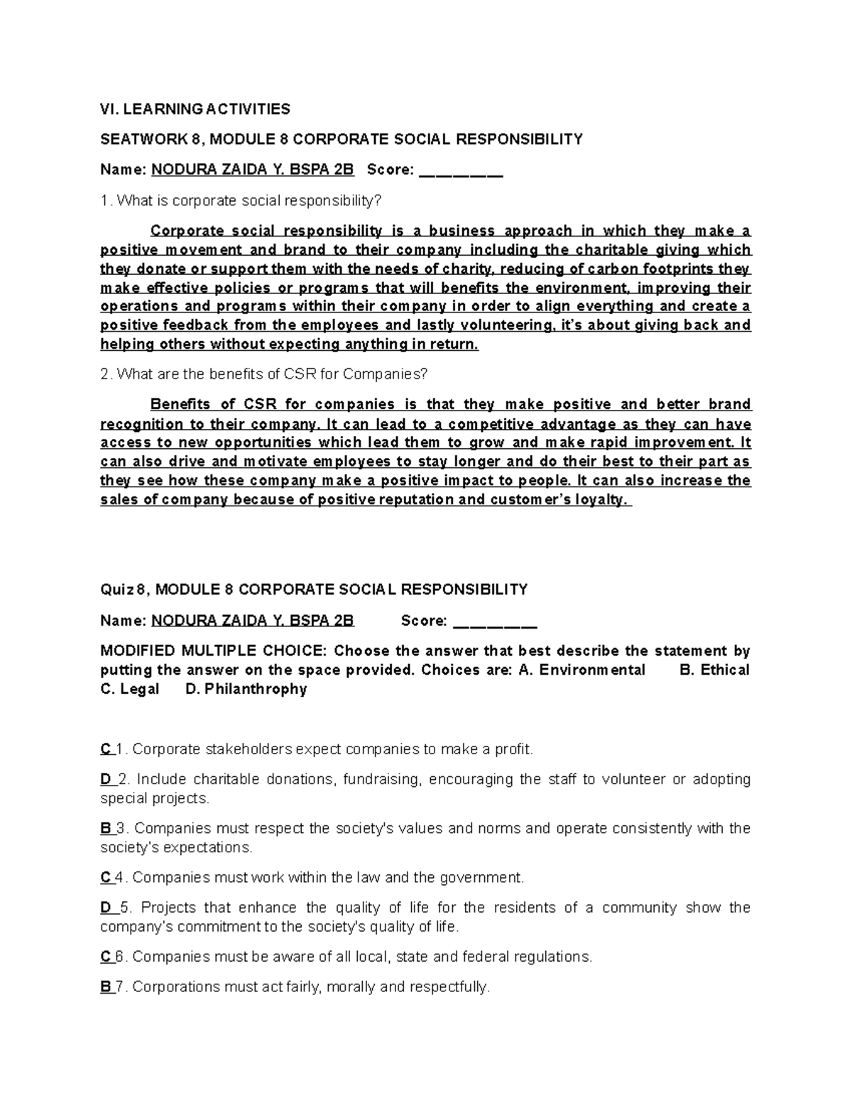 Nodura BSPA 2B (Good Governance answers module #8) - VI. LEARNING ...