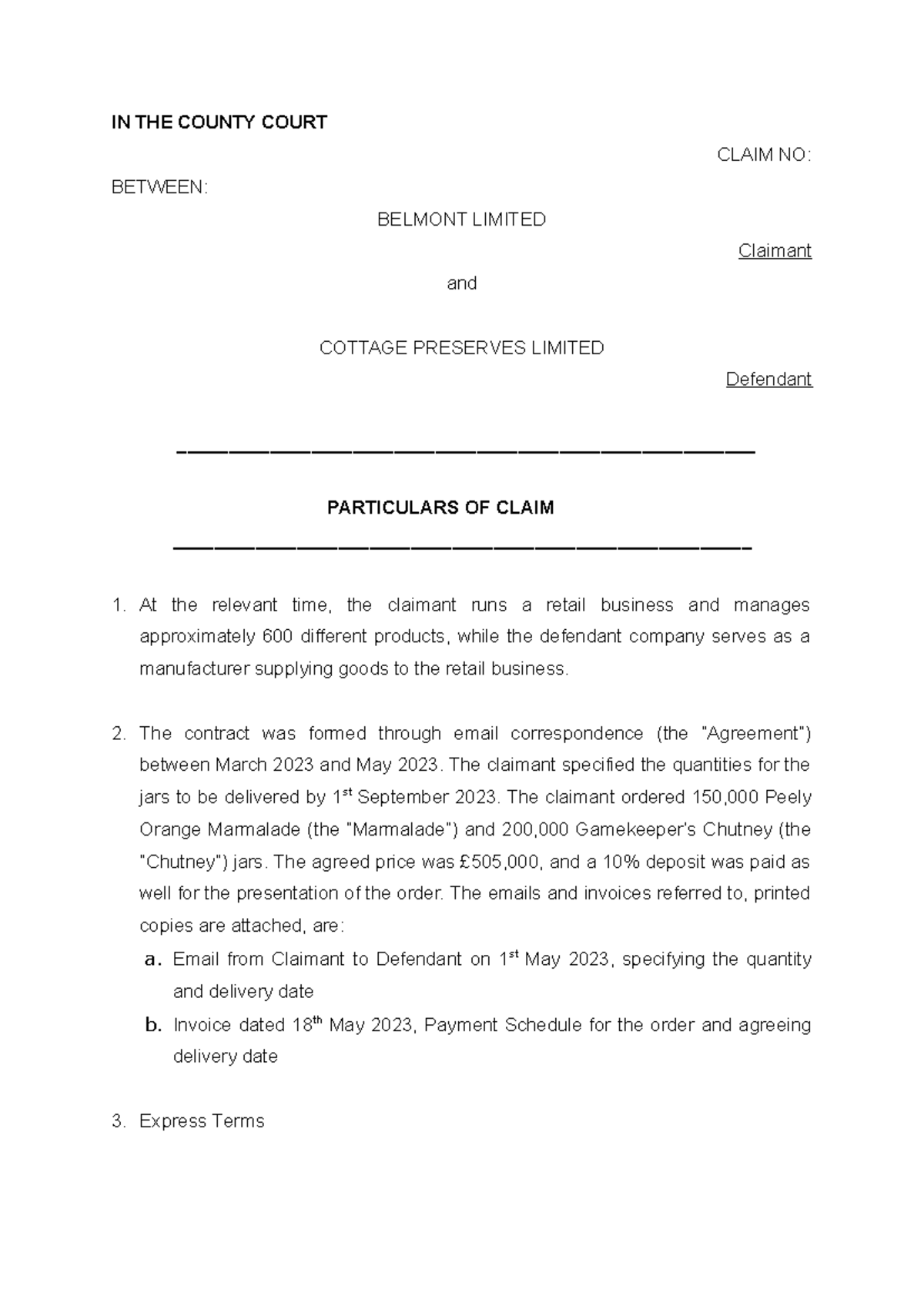 Belmont Drafting - Draft - IN THE COUNTY COURT CLAIM NO: BETWEEN ...