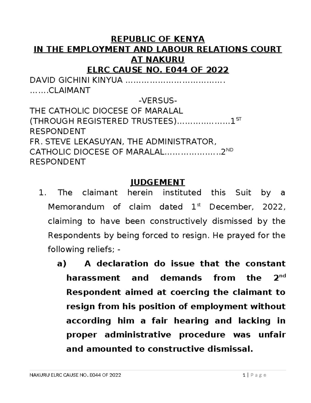 Kinyua v Catholic Diocese of Maralal (Through Registered Trustees ...