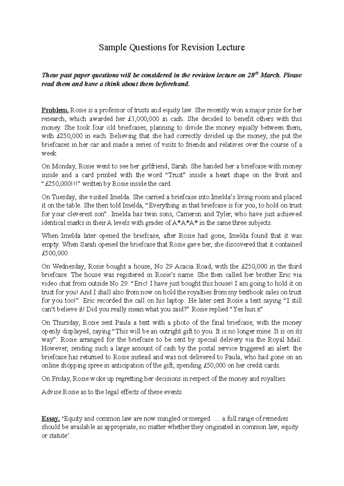 Trust Law Revision Tutorial - Sample Questions for Revision Lecture These past paper questions ...