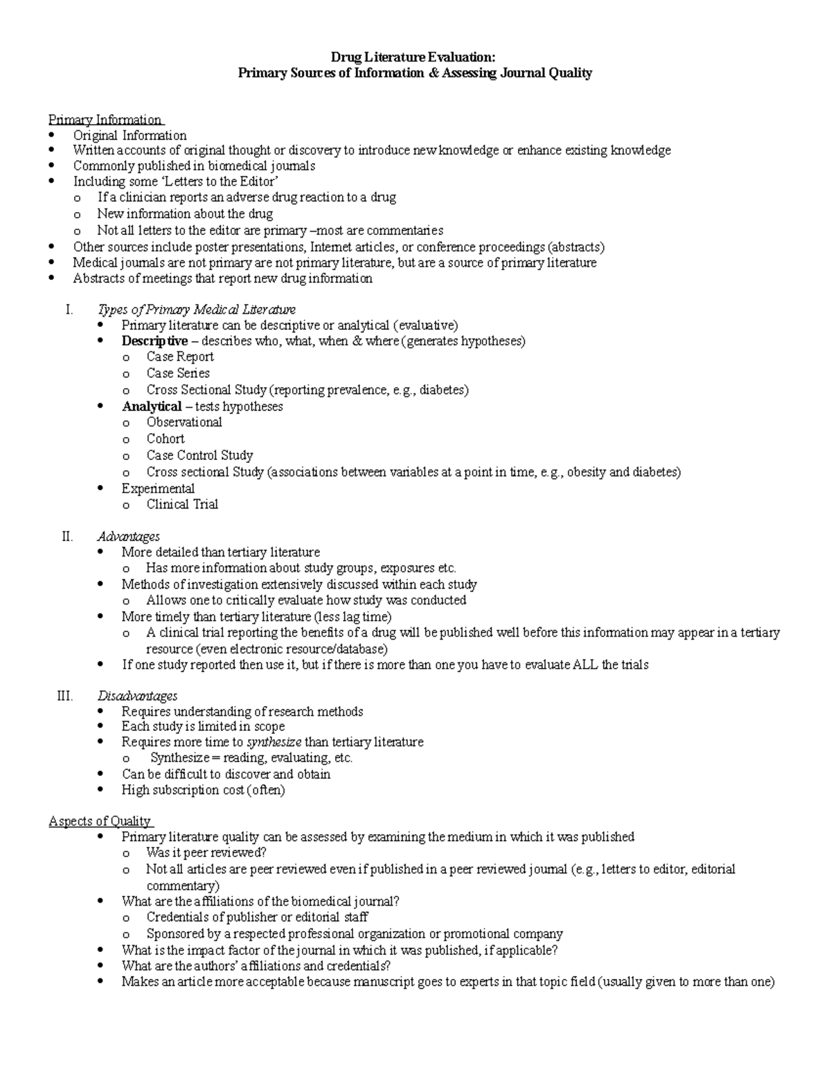 Primary Literature - Drug Literature Evaluation: Primary Sources of ...