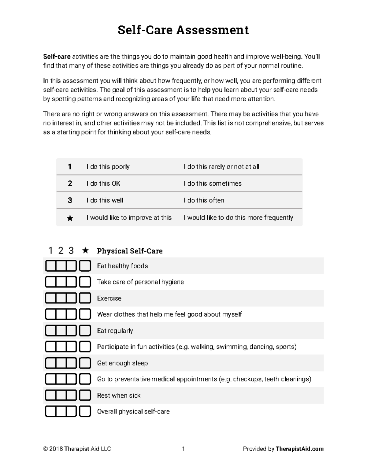 Self-care-assessment - Self-Care Assessment © 2018 Therapist Aid LLC 1 ...