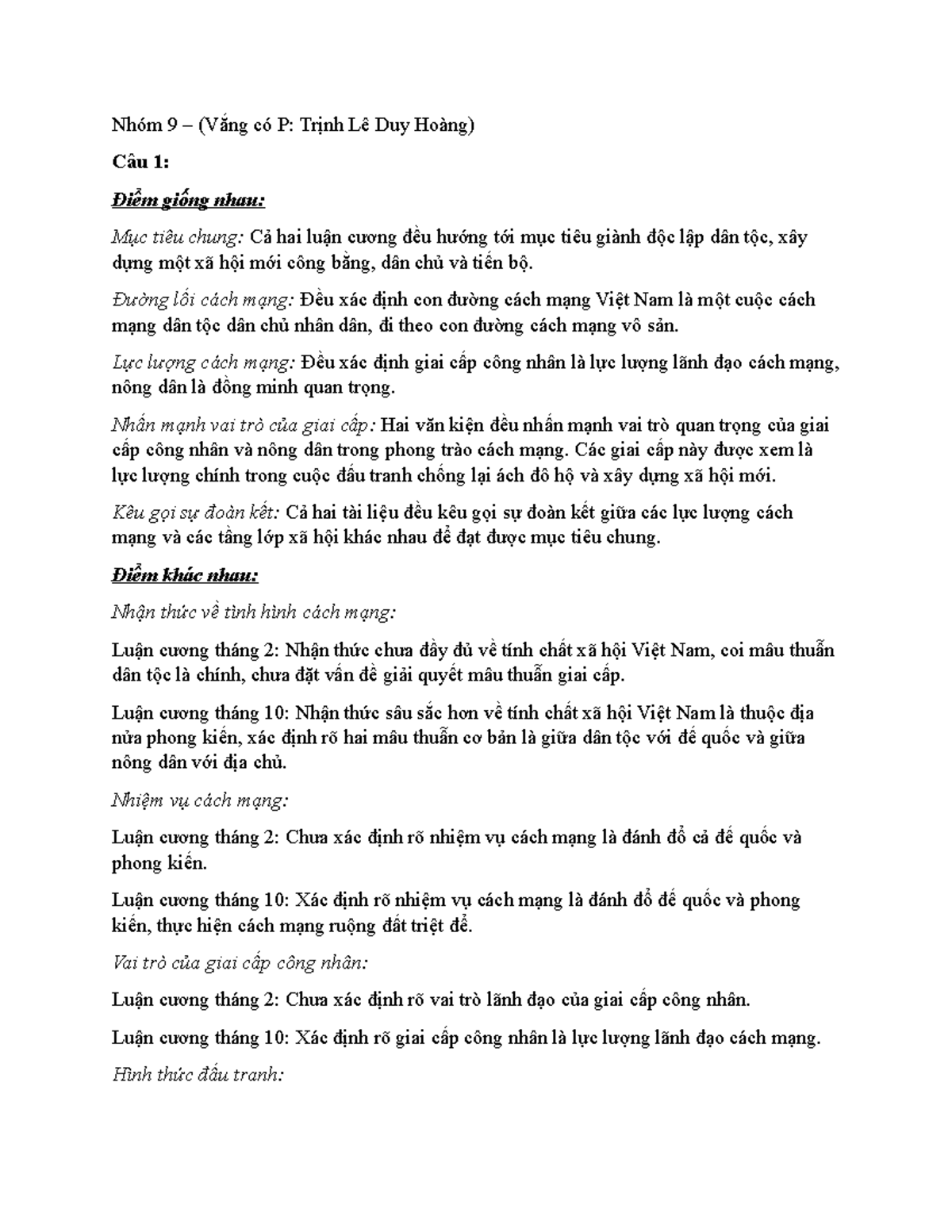 LS DCS VN Nhóm 9 - Nhóm 9 – (Vắng có P: Trịnh Lê Duy Hoàng) Câu 1: Điểm giống nhau: Mục tiêu ...