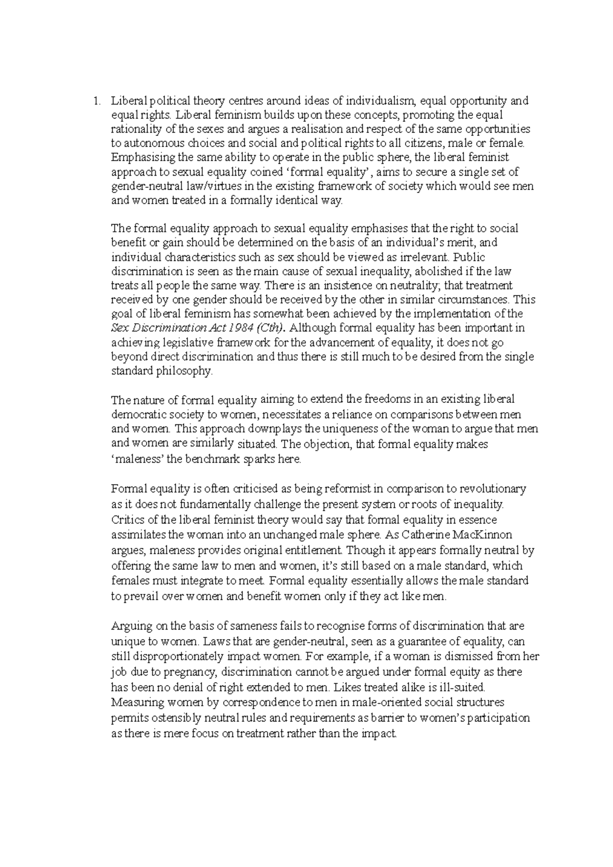 1. Formal Equality - Exam part 1 answer - Liberal political theory ...