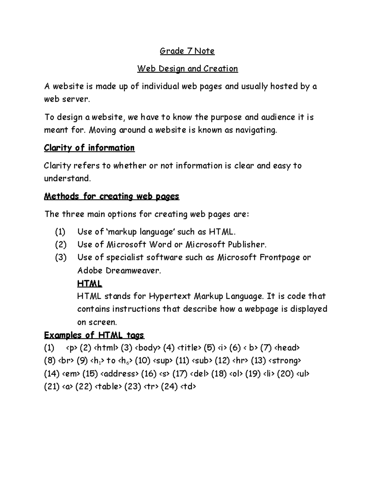 Grade 7 Note Webdesign and creation - Grade 7 Note Web Design and ...