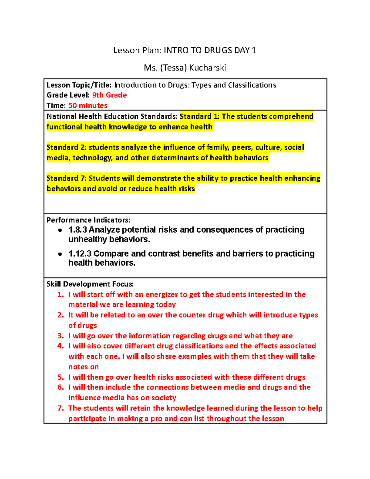 UNIT PLAN DAY ONE Intro.docx - Lesson Plan: INTRO TO DRUGS DAY 1 Ms ...