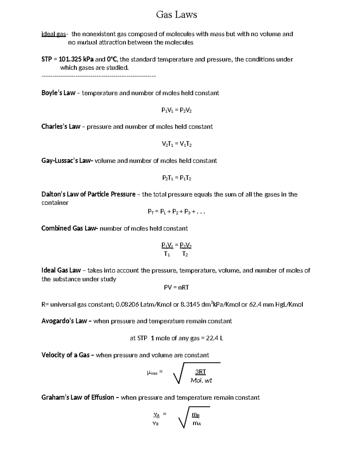Gas Law Help sheet - Gas Laws ideal gas- the nonexistent gas composed ...