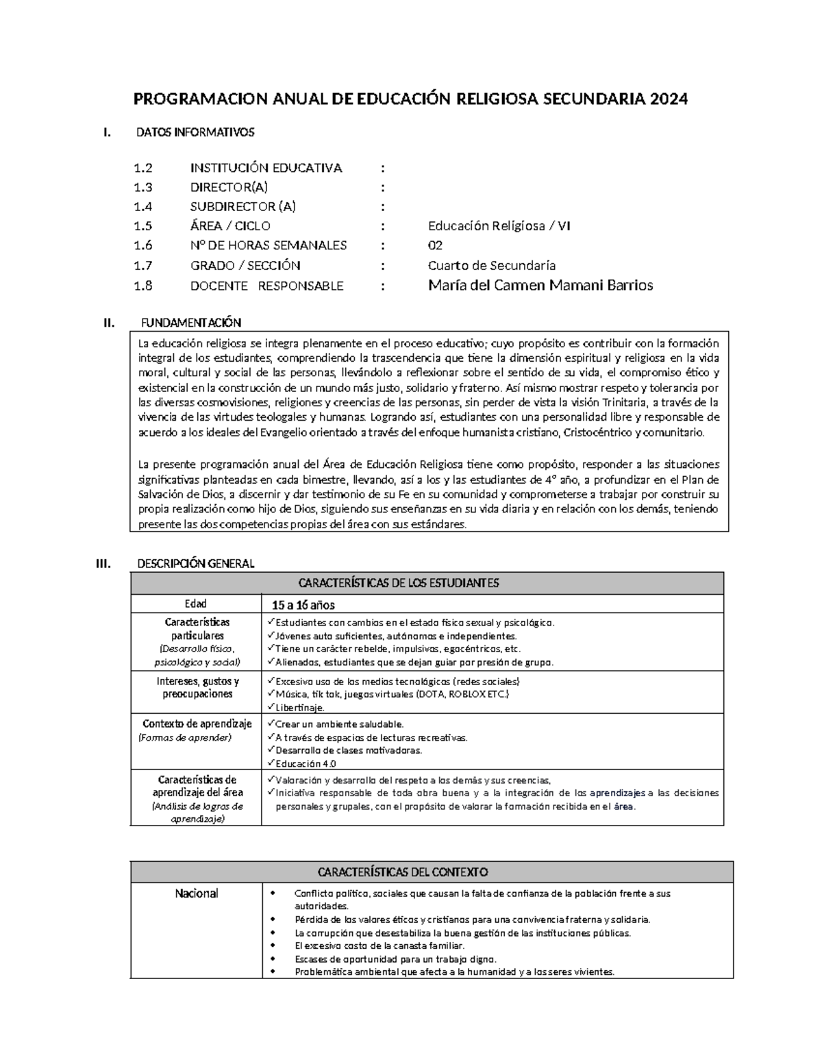 Programacion anual- 4to. 2024 - PROGRAMACION ANUAL DE EDUCACIÓN RELIGIOSA SECUNDARIA 2024 I ...