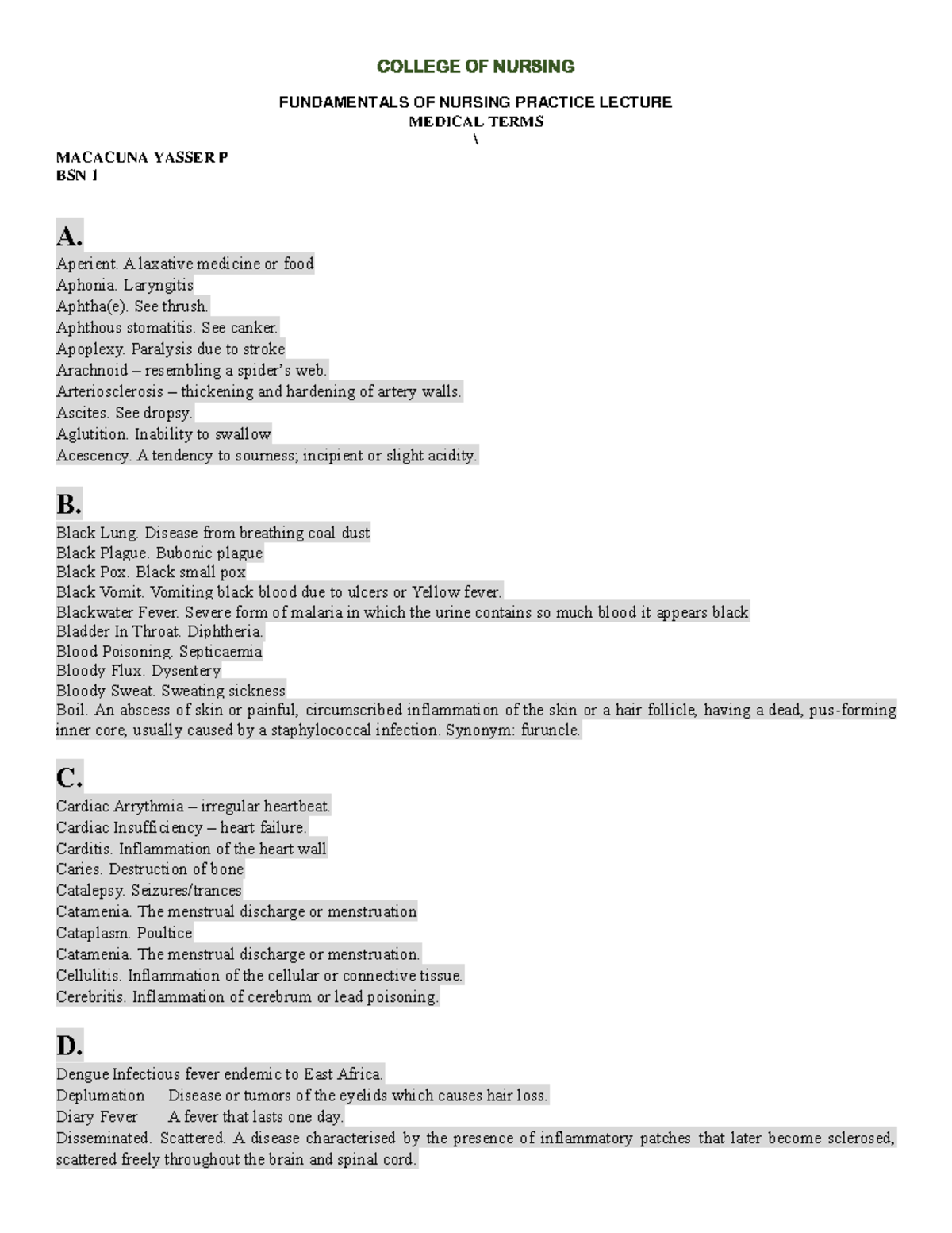 Medical Terms - notes - COLLEGE OF NURSING FUNDAMENTALS OF NURSING ...