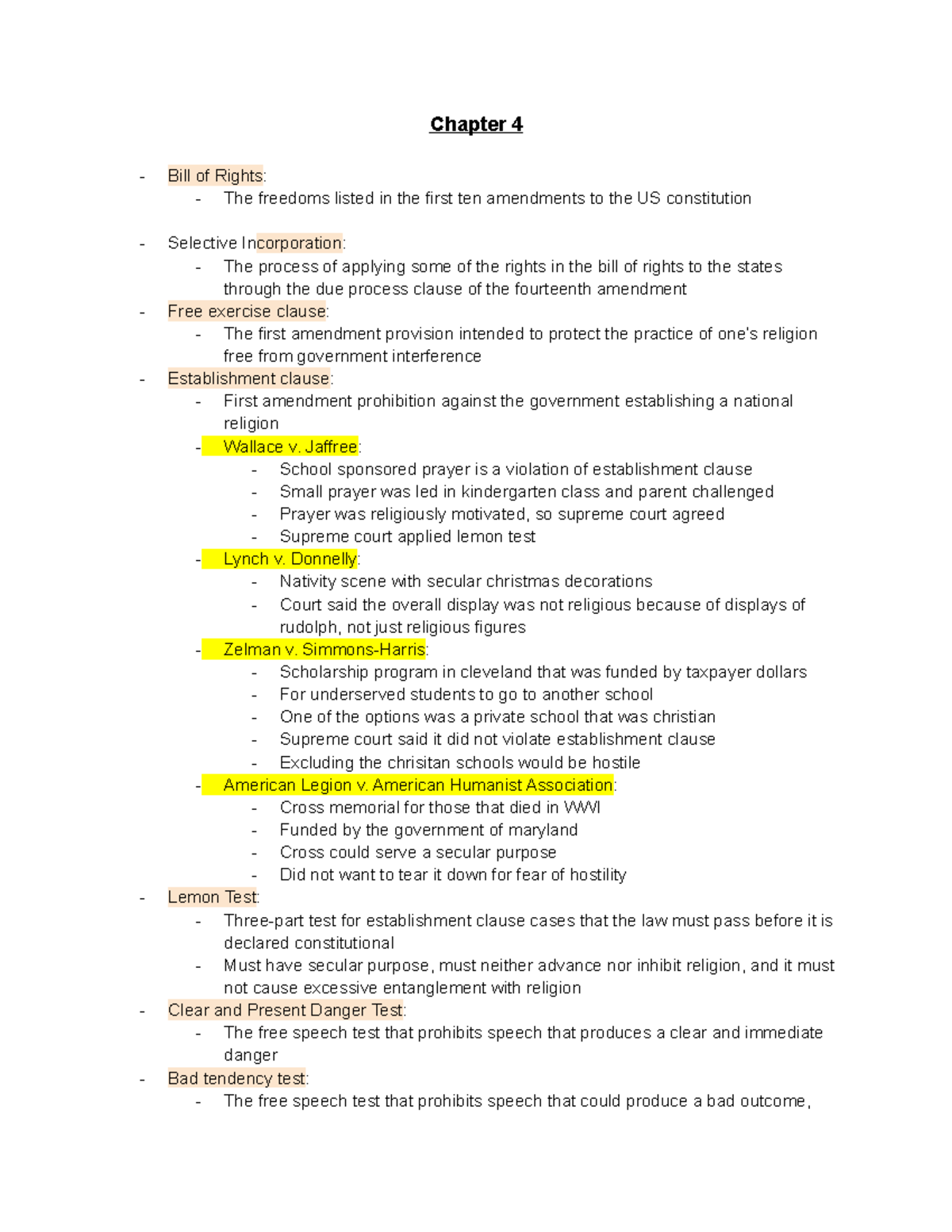 Chapter 4 - Dr. Byrne - Chapter 4 Bill of Rights: The freedoms listed in the first ten ...