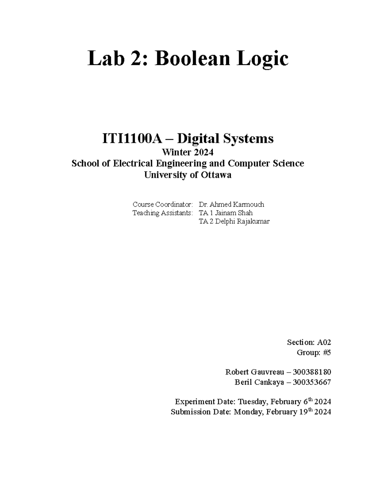 Lab Report 2 ITI1100 - Lab 2: Boolean Logic ITI1100A – Digital Systems ...