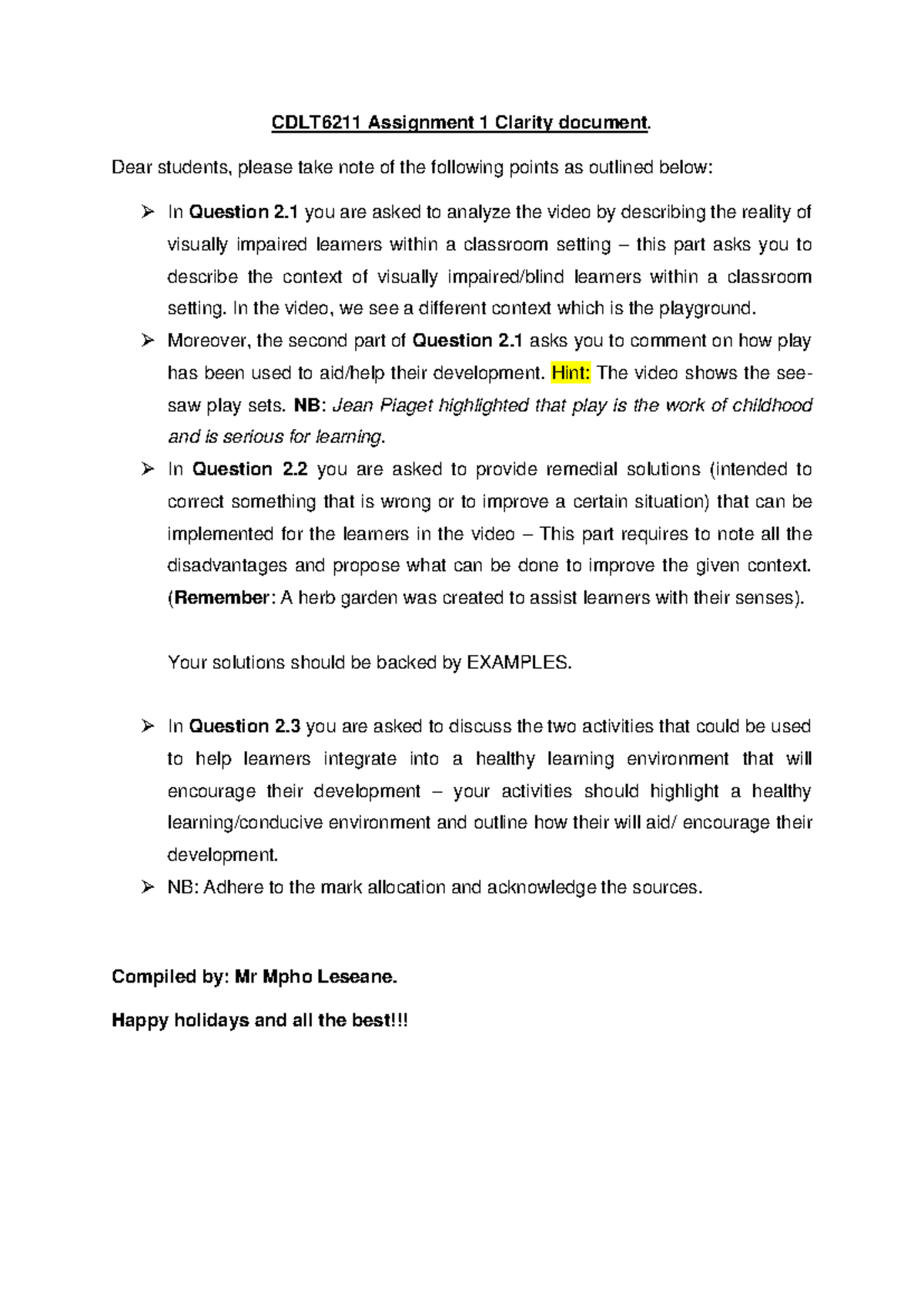 CDLT6211 Assignment 1 2024 Clarity Document- MPHO Lesesane - CDLT6211 ...