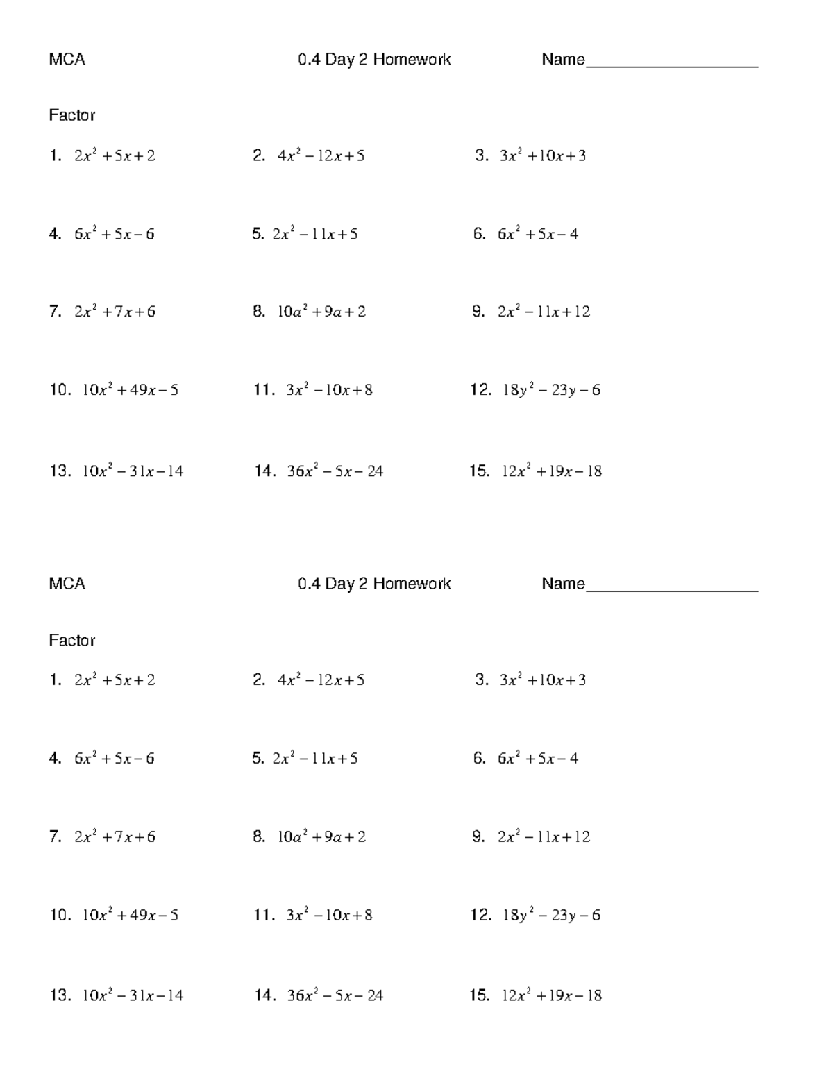 0.4 Day 2 homework - tea - MCA 0 Day 2 Homework Name ...