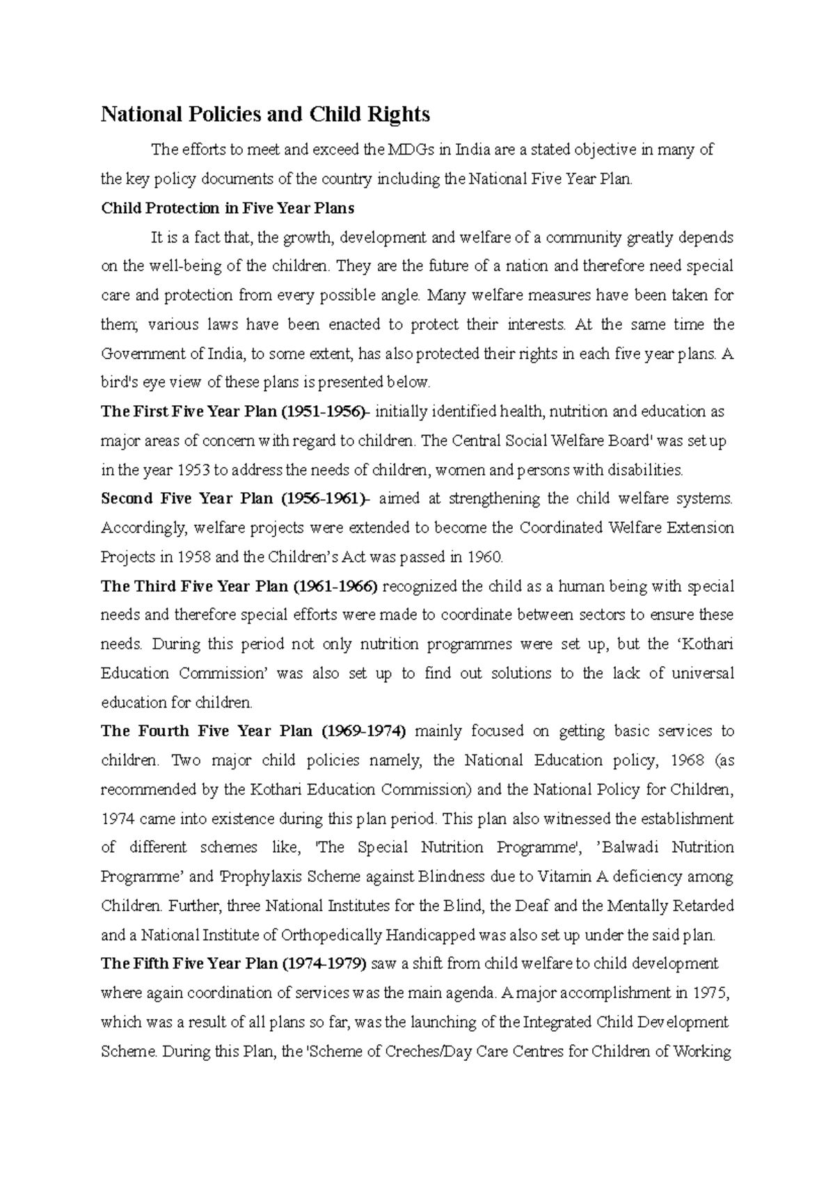 National Policies and Child Rights - Child Protection in Five Year Plans It is a fact that, the ...