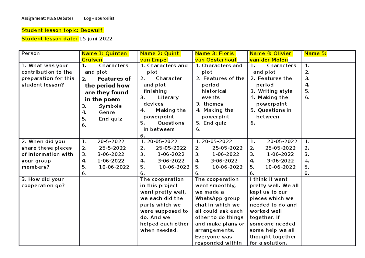 FLE4 Student Lessons Middle Ages - Activity log + source list + rubric ...