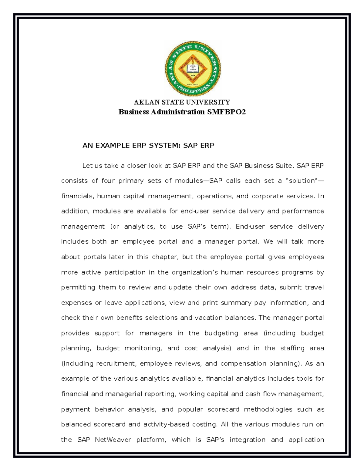 AN Example ERP System SAP ERP - AKLAN STATE UNIVERSITY Business ...