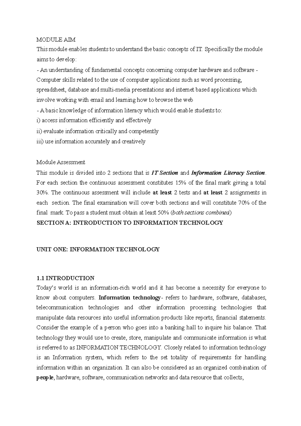Unit 1 Notes - Unit 1 - MODULE AIM This module enables students to ...