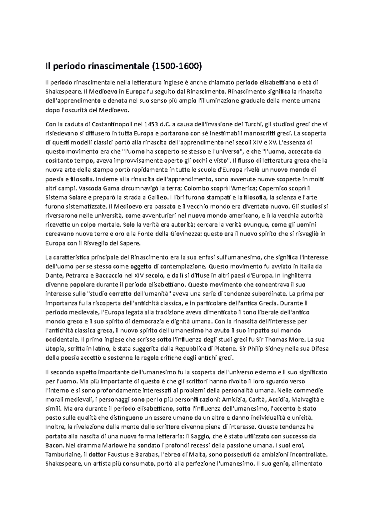 The Renaissance Period literature - Il periodo rinascimentale (1500 ...