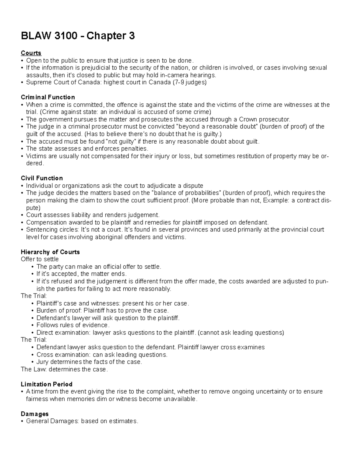 Chapter 3 Notes - BLAW 3100 - Chapter 3 Courts Open to the public to ...