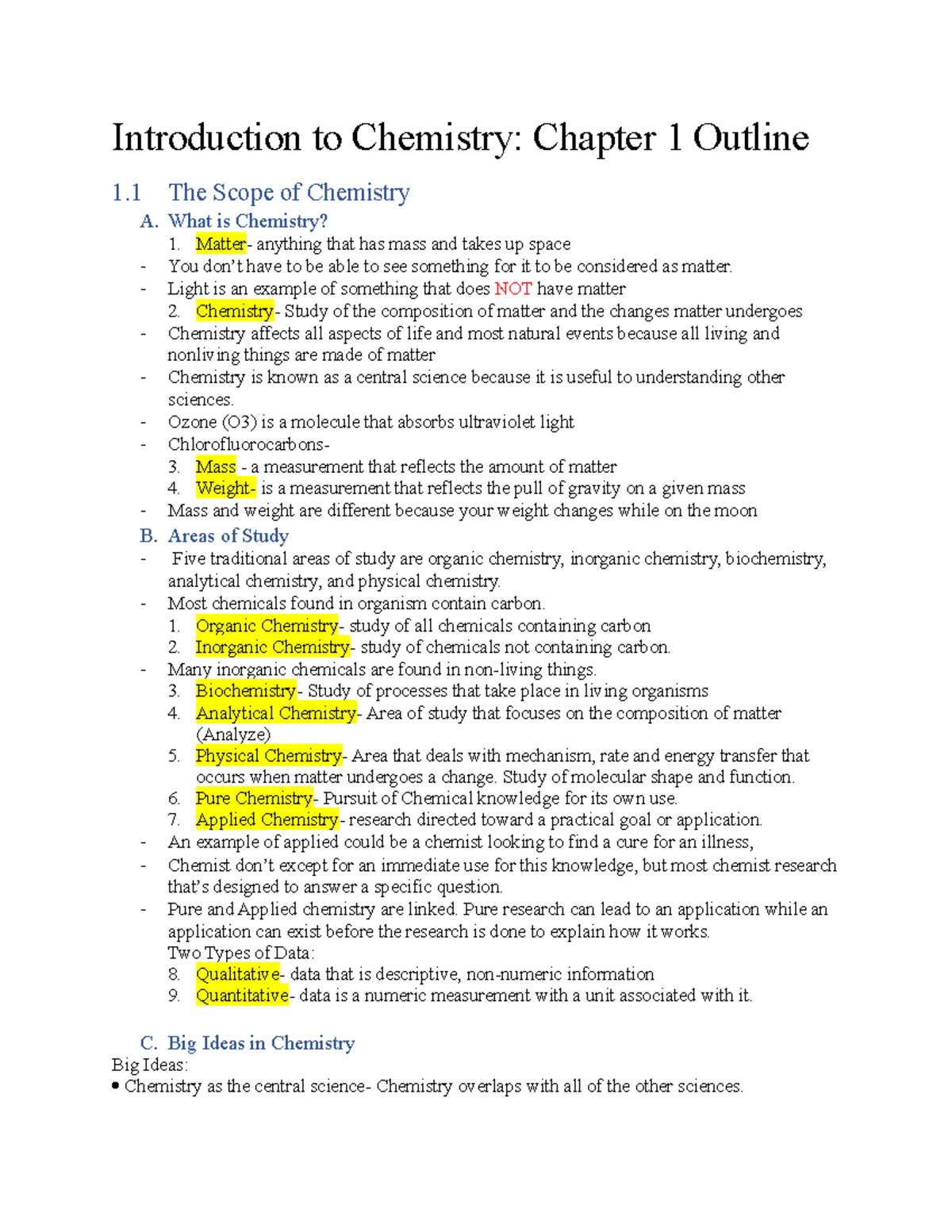 Chemistry Outline - Introduction to Chemistry: Chapter 1 Outline 1 The ...