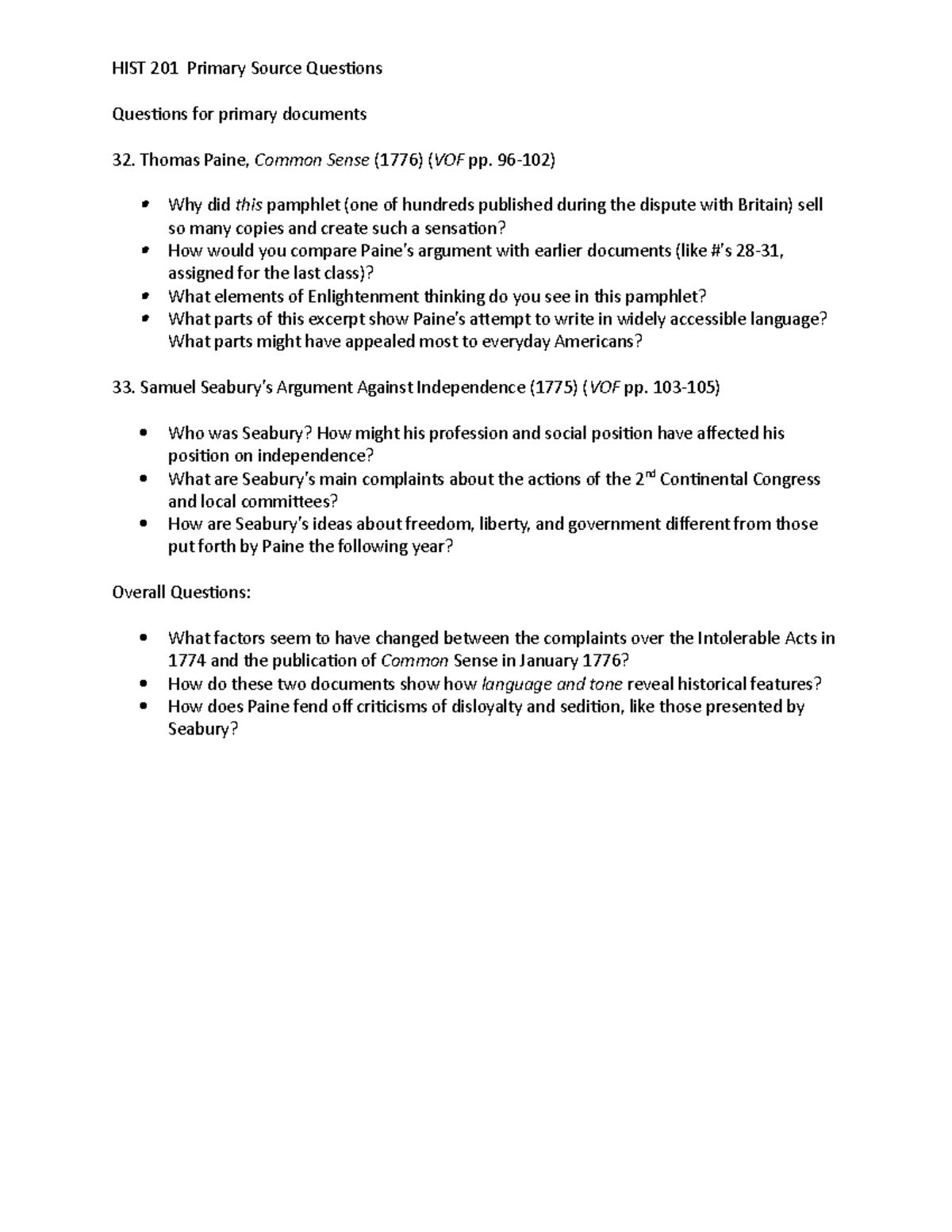 Questions for Defining Liberty primary documents - HIST 201 Primary ...