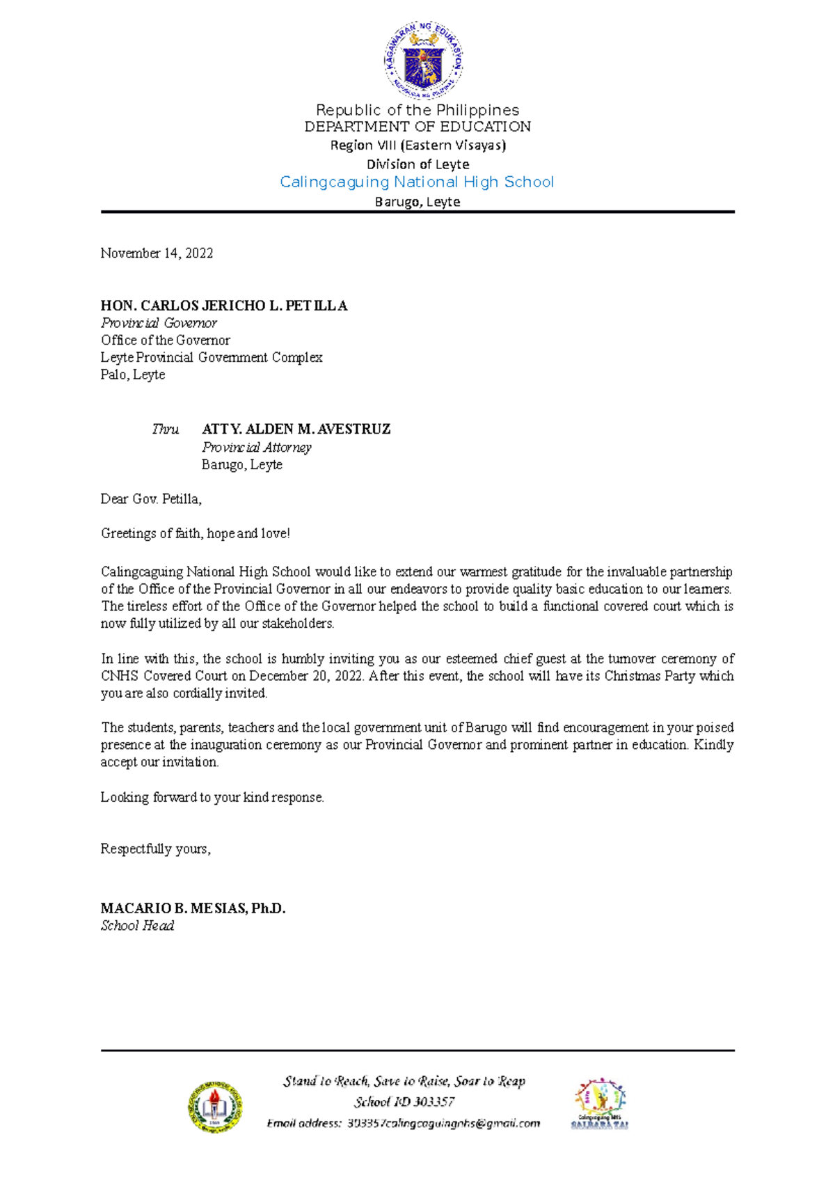 Letter to Gov - Republic of the Philippines DEPARTMENT OF EDUCATION ...