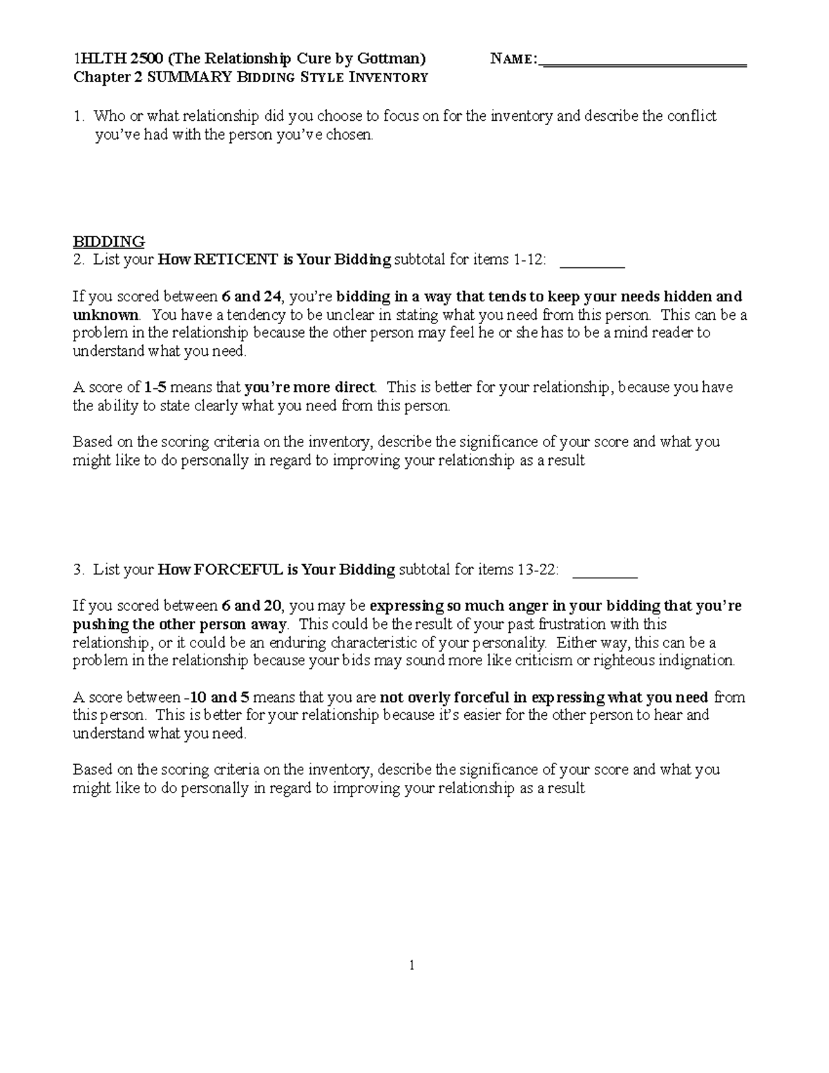 Ch 2 Summary bidding style inventory - 1 HLTH 2500 (The Relationship ...