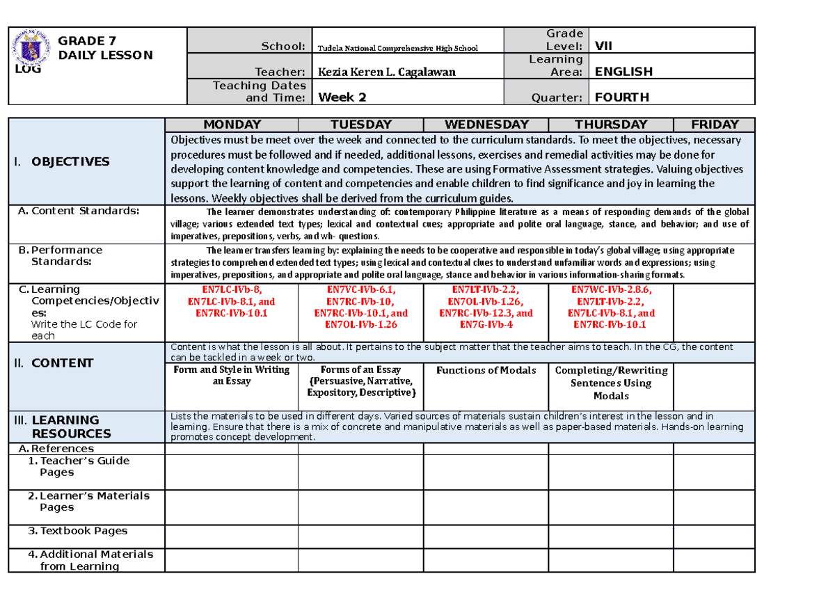 DLL 4th Qrtr Week 2 - Lesson guide - GRADE 7 DAILY LESSON LOG School ...