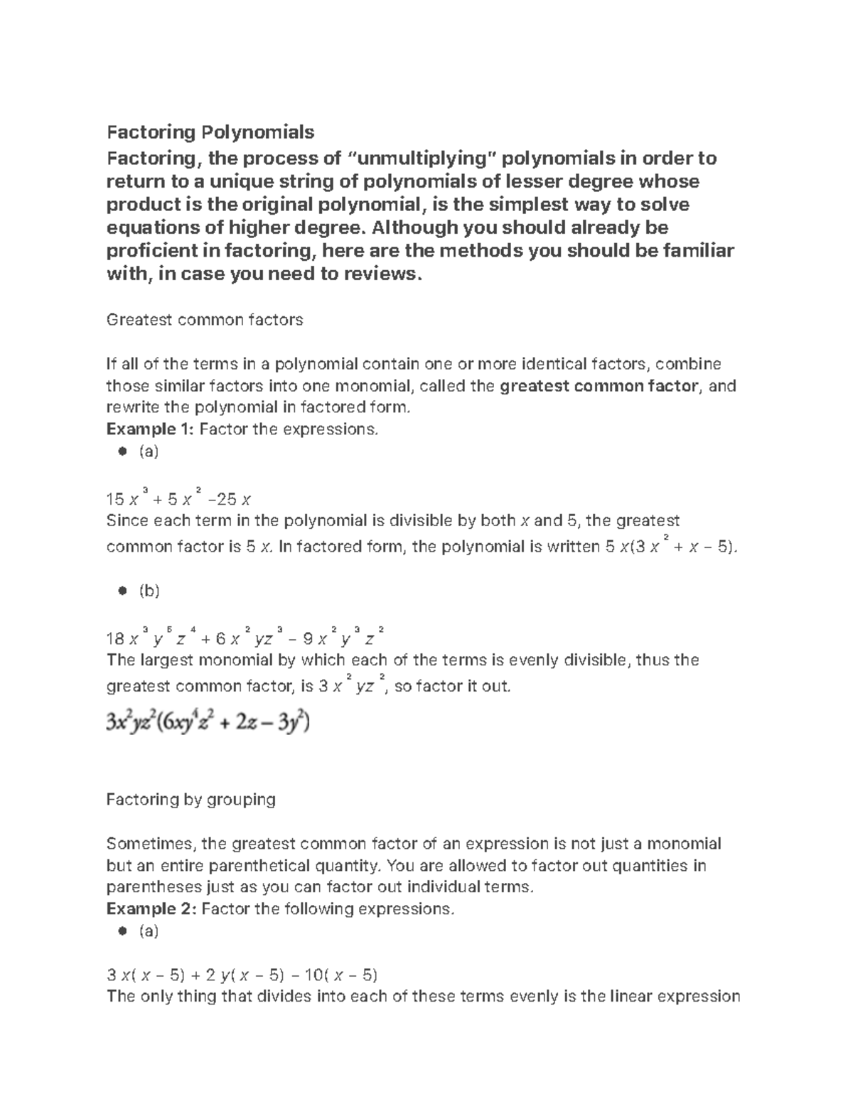 Factoring Polynomials - Factoring Polynomials Factoring, the process of ...