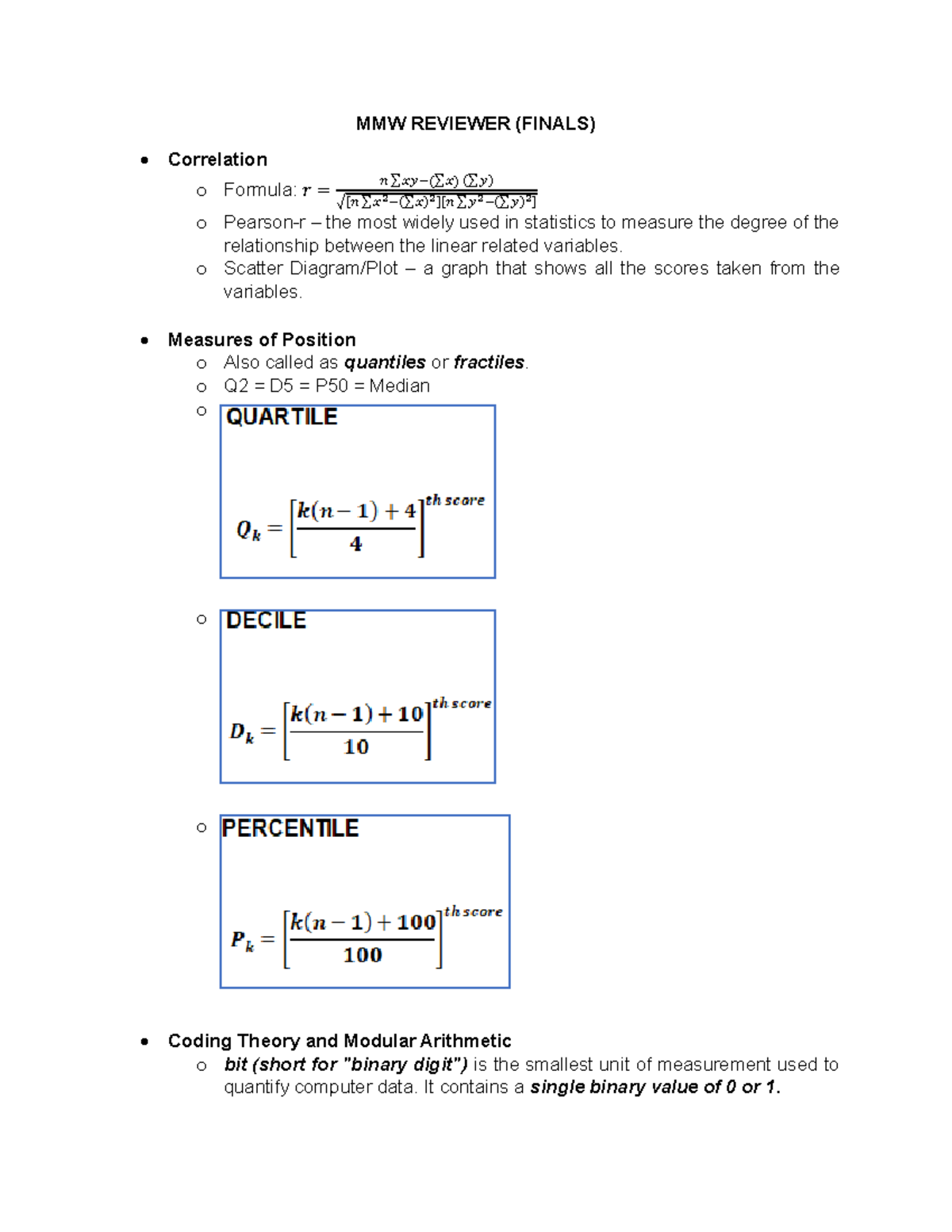 MMW- Reviewer- Finals - MMW REVIEWER (FINALS) Correlation o Formula: 𝑟 ...