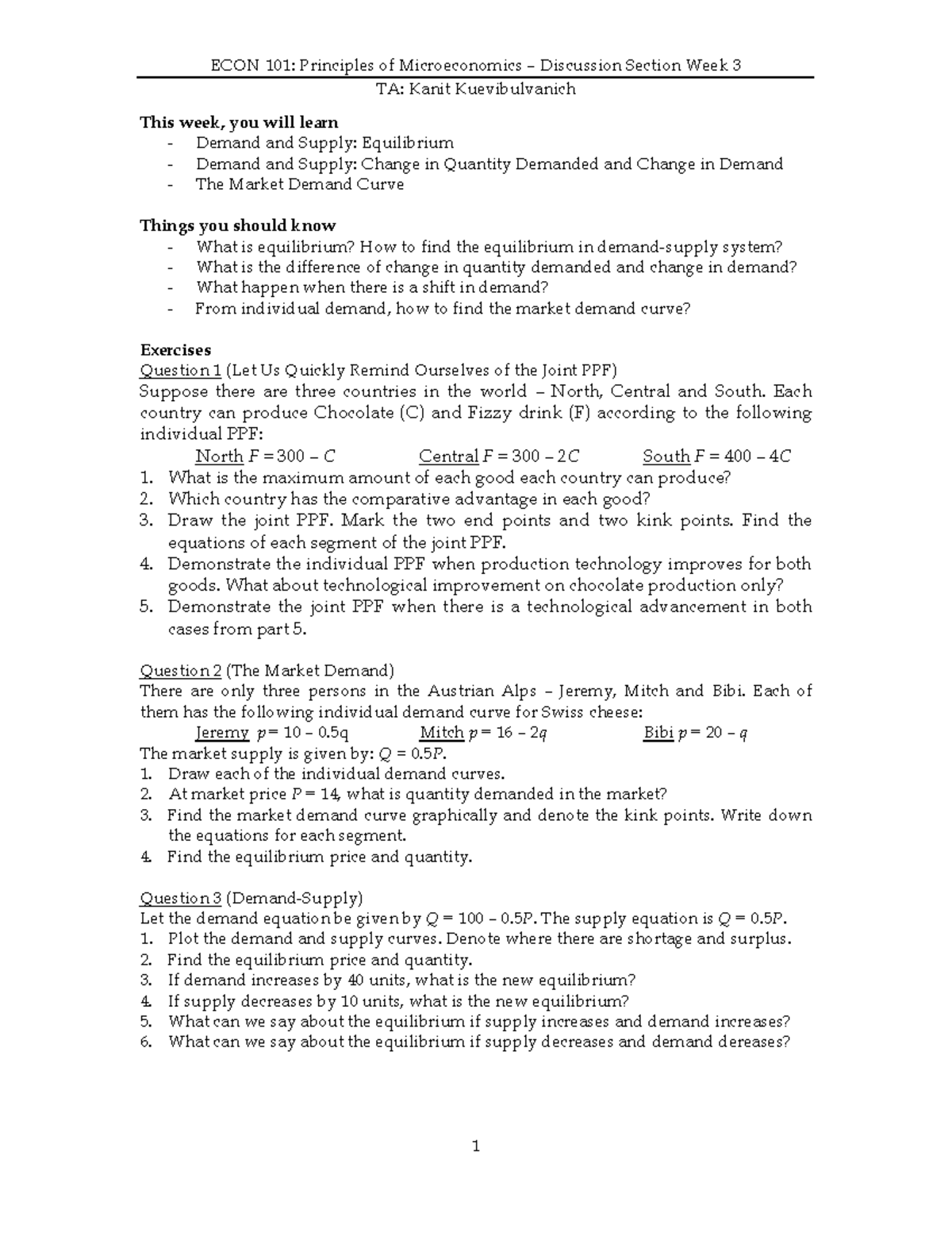 Handout 3- Demand and Supply- Equilibrium - Demand and Supply- Change ...