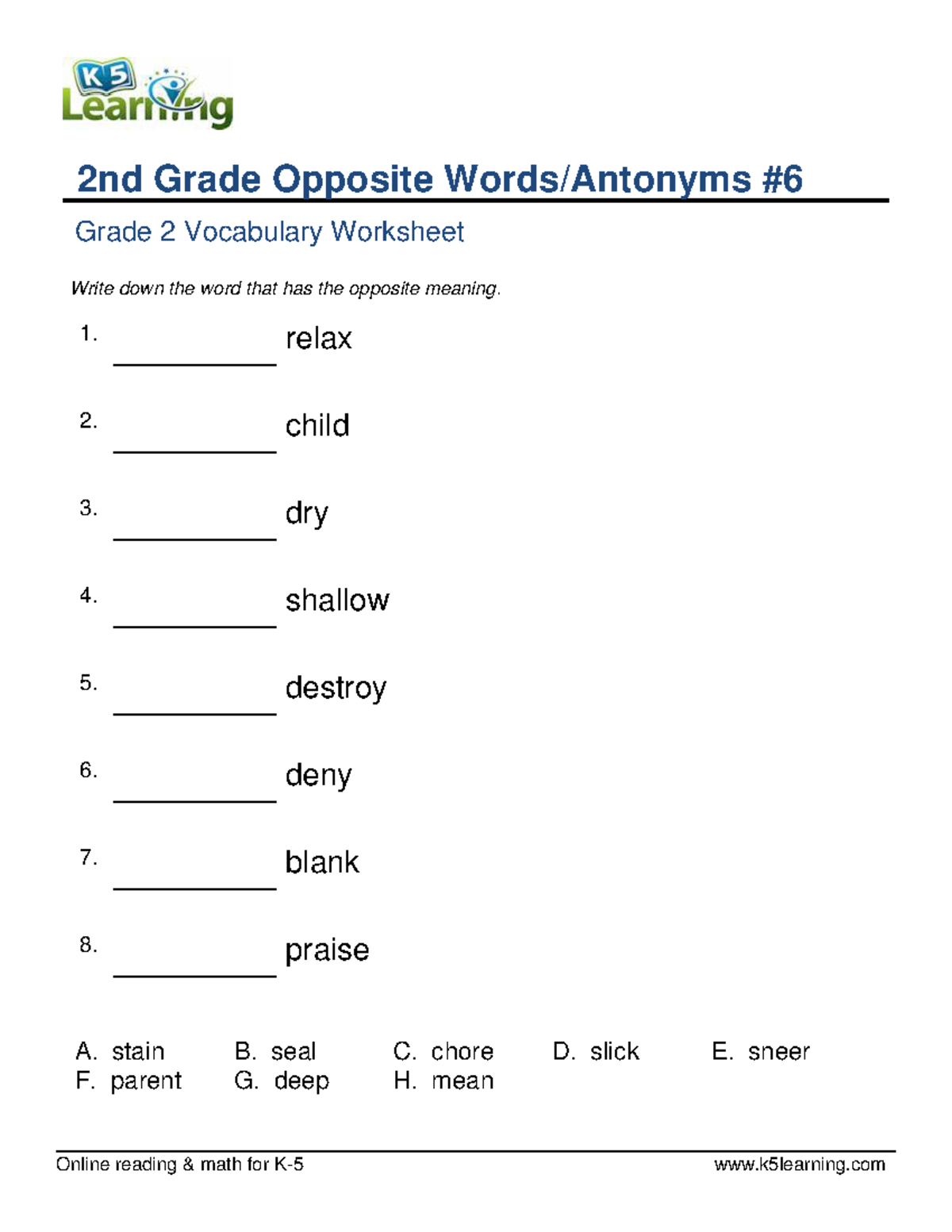 2nd grade antonyms 6 - Elementary Education - Online reading & math for ...
