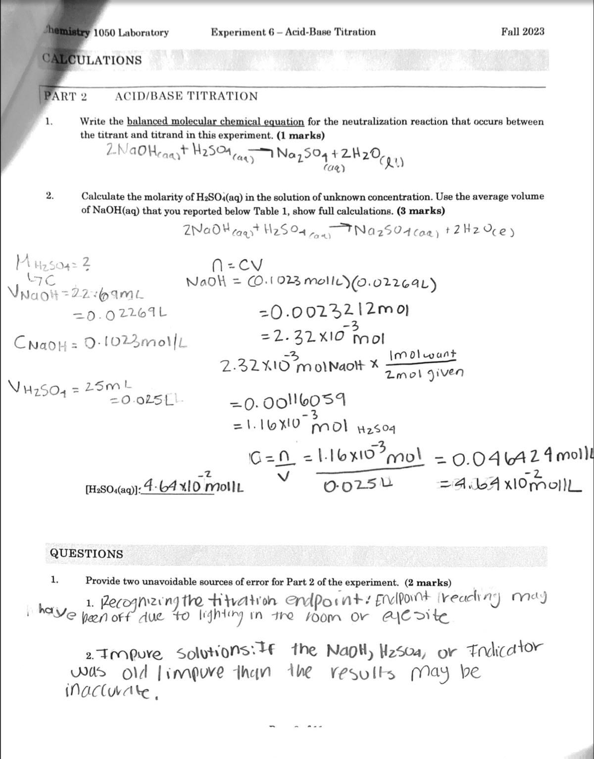 exp6 acid-base titration - Chem 1050 - Studocu