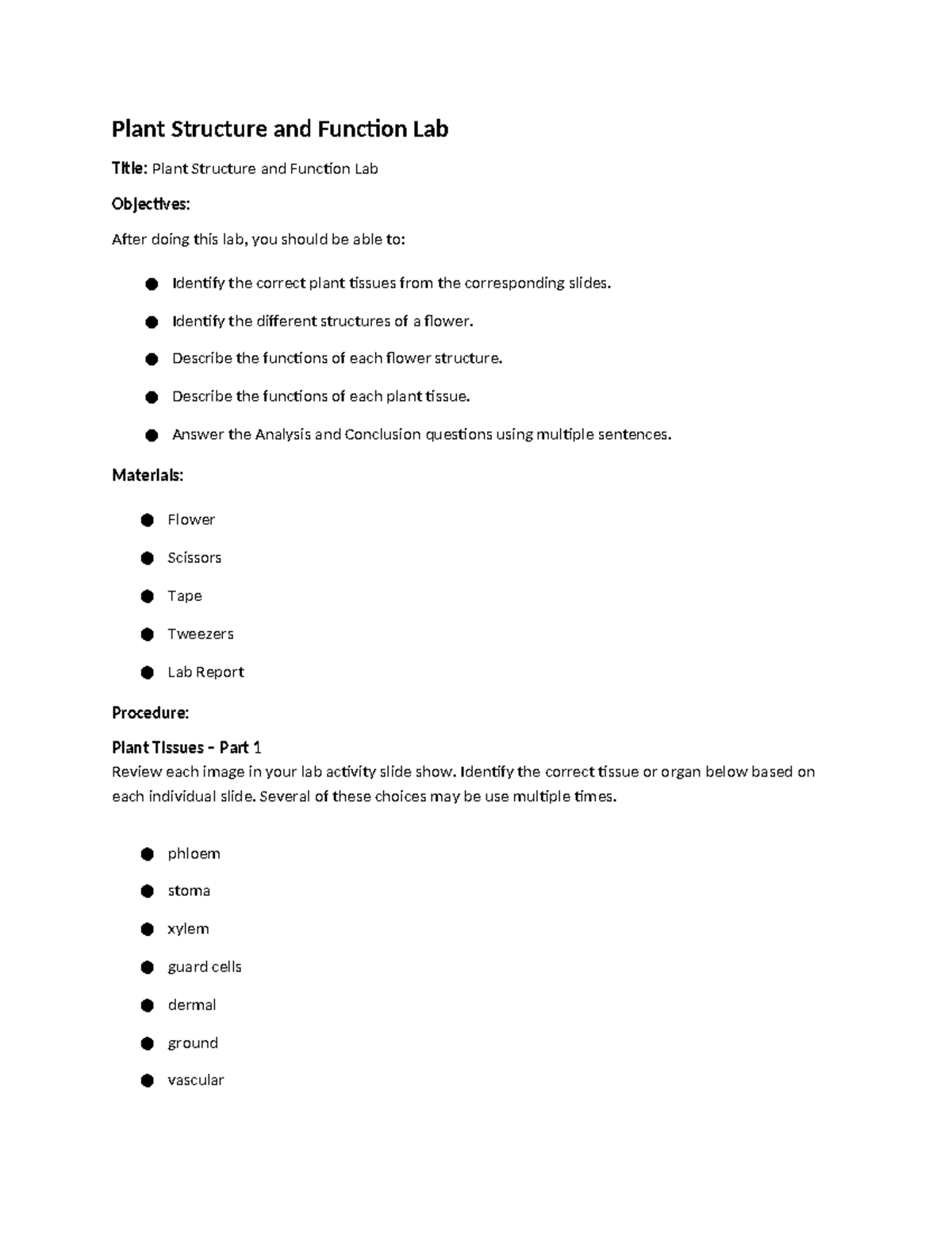 Virtual plants lab report - Plant Structure and Function Lab Title ...