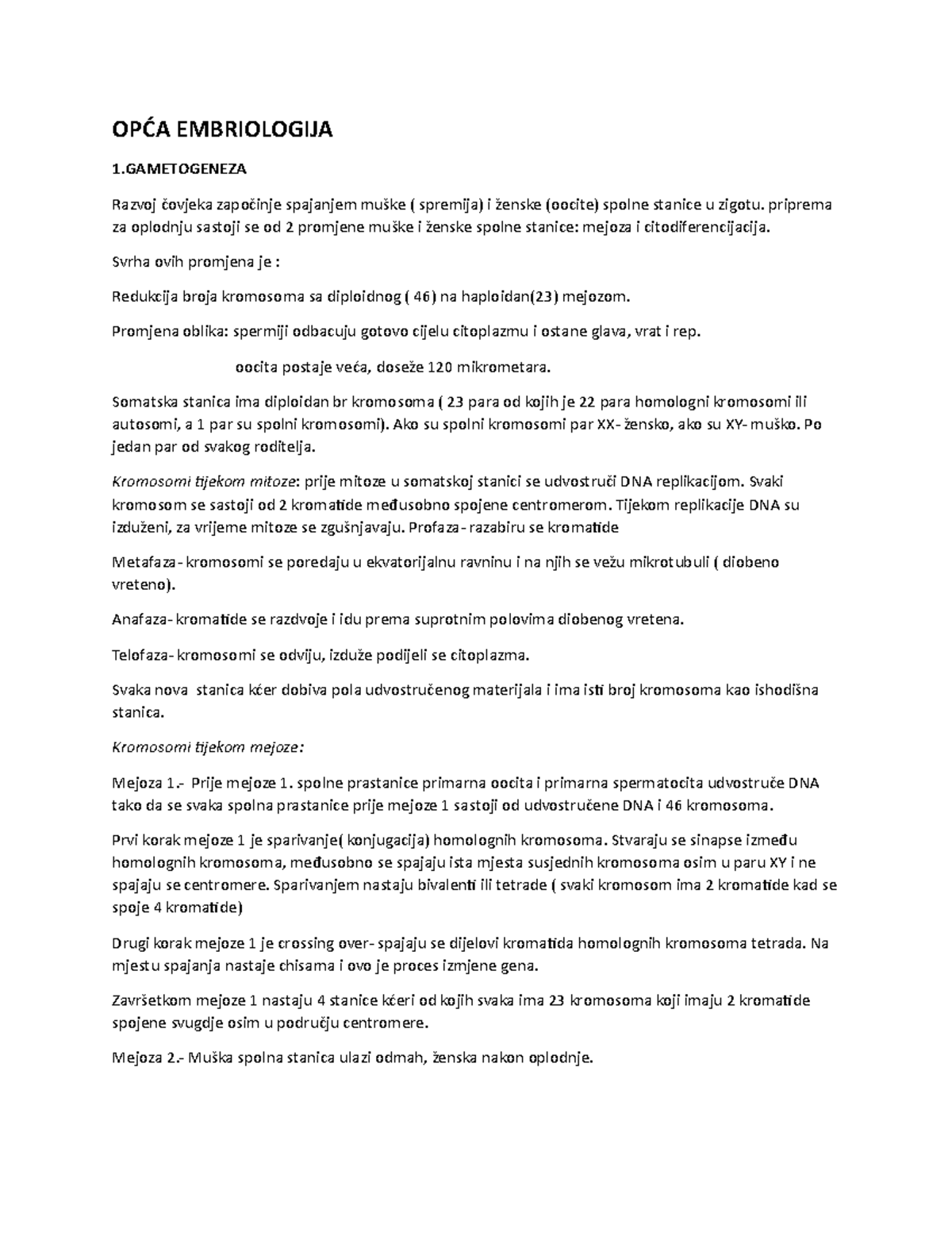 Usmeni histologija i embriologija - OPĆA EMBRIOLOGIJA 1 Razvoj čovjeka ...