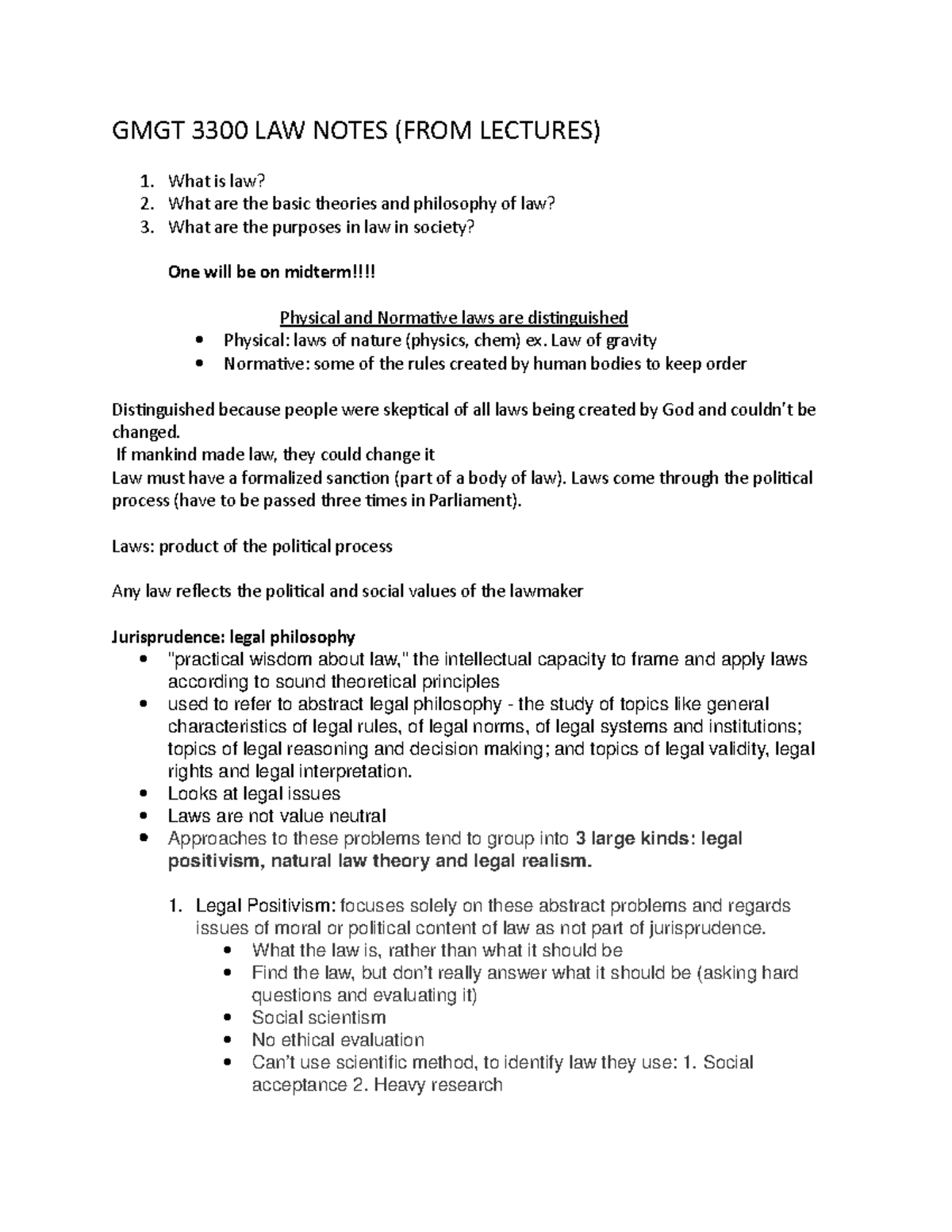 GMGT 3300 LAW Notes - GMGT 3300 LAW NOTES (FROM LECTURES) What is law ...