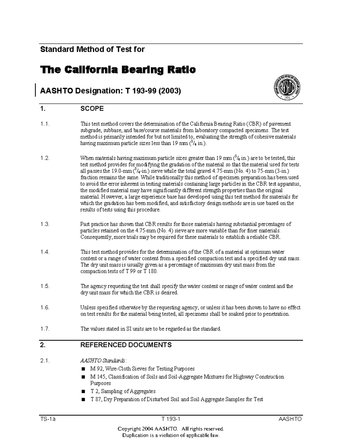 Aashto-T-193 standard method of test for the california bearing ratio ...
