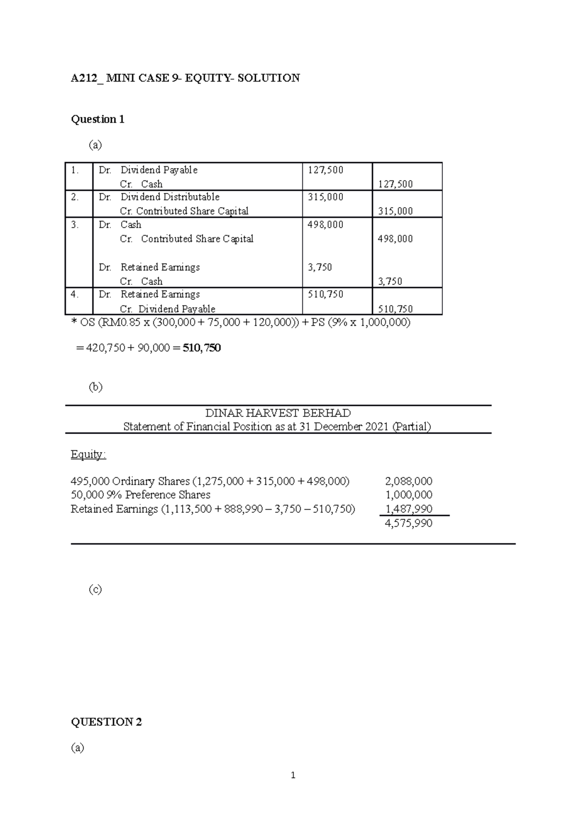 A212 MC 9 Equity Stu Ans - A212_ MINI CASE 9- EQUITY- SOLUTION Question ...