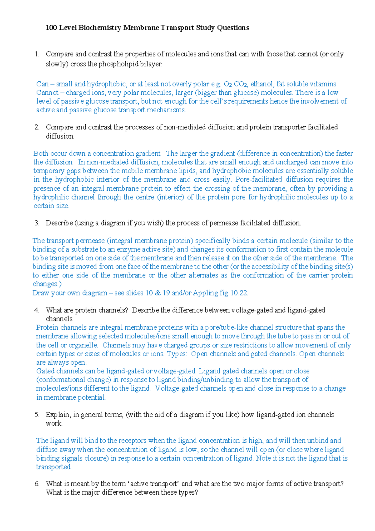 Membrane Transport Study Question hints - 100 Level Biochemistry Membrane Transport Study ...