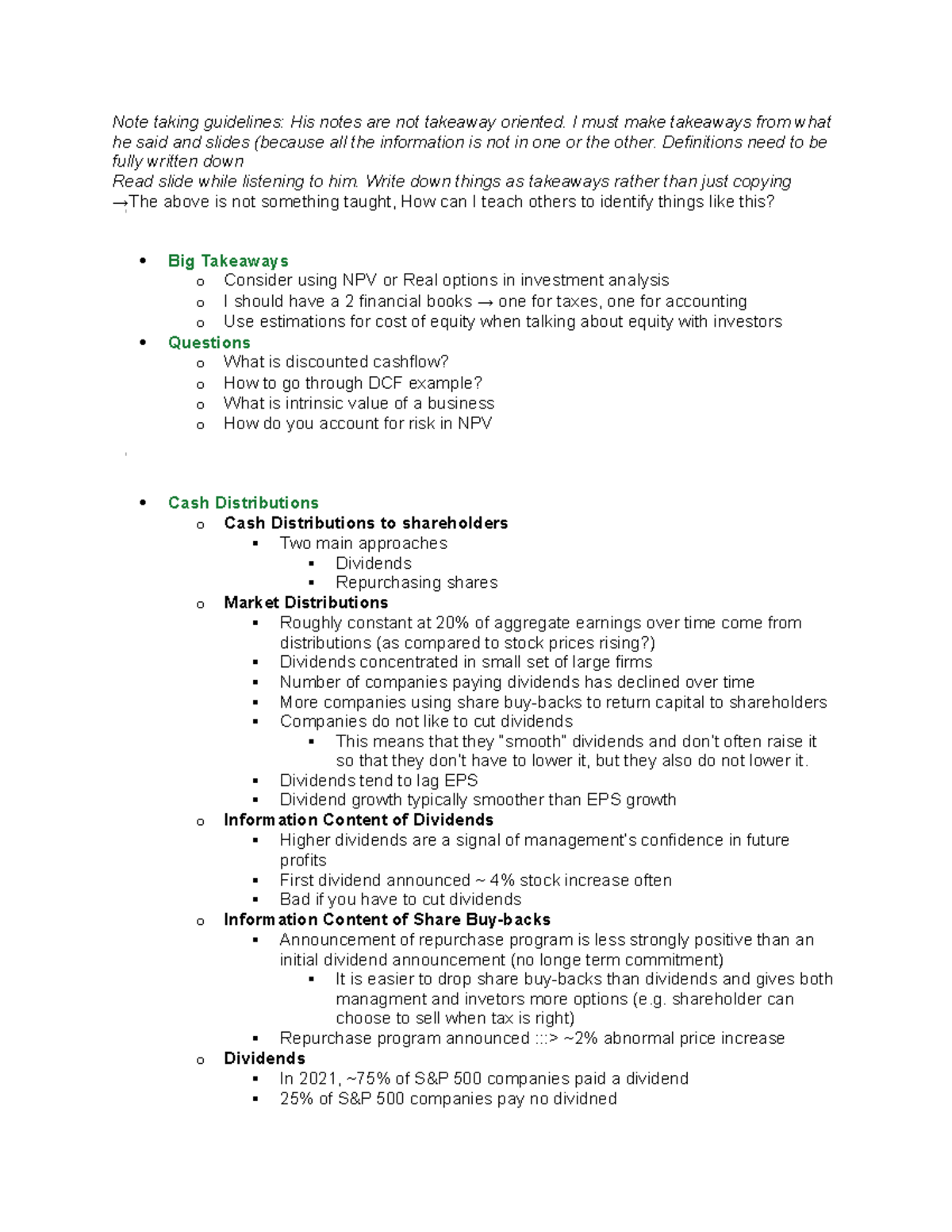 Principles of Corporate Finance - Note taking guidelines: His notes are ...