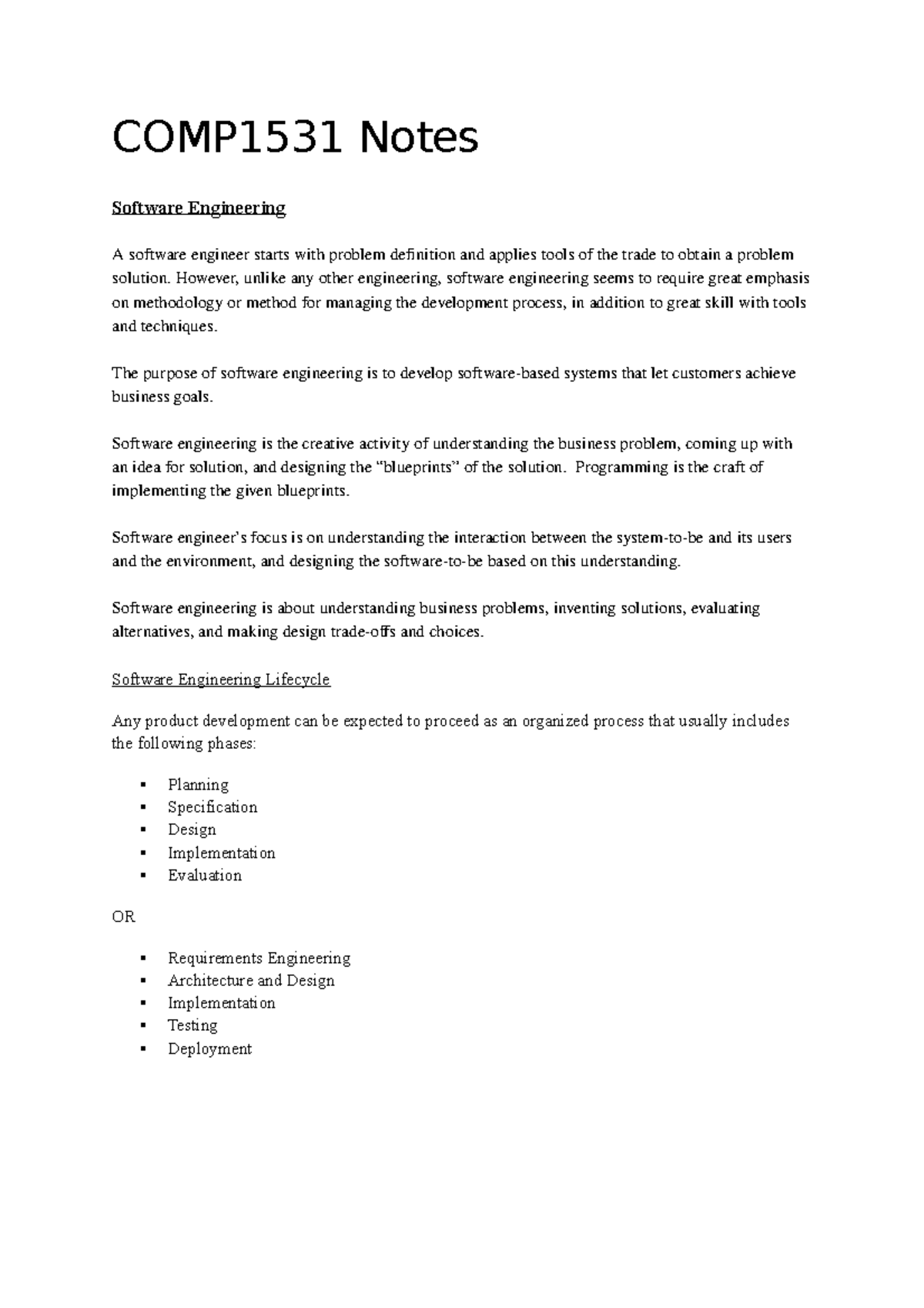 COMP1531 Notes - COMP1531 Notes Software Engineering A software ...