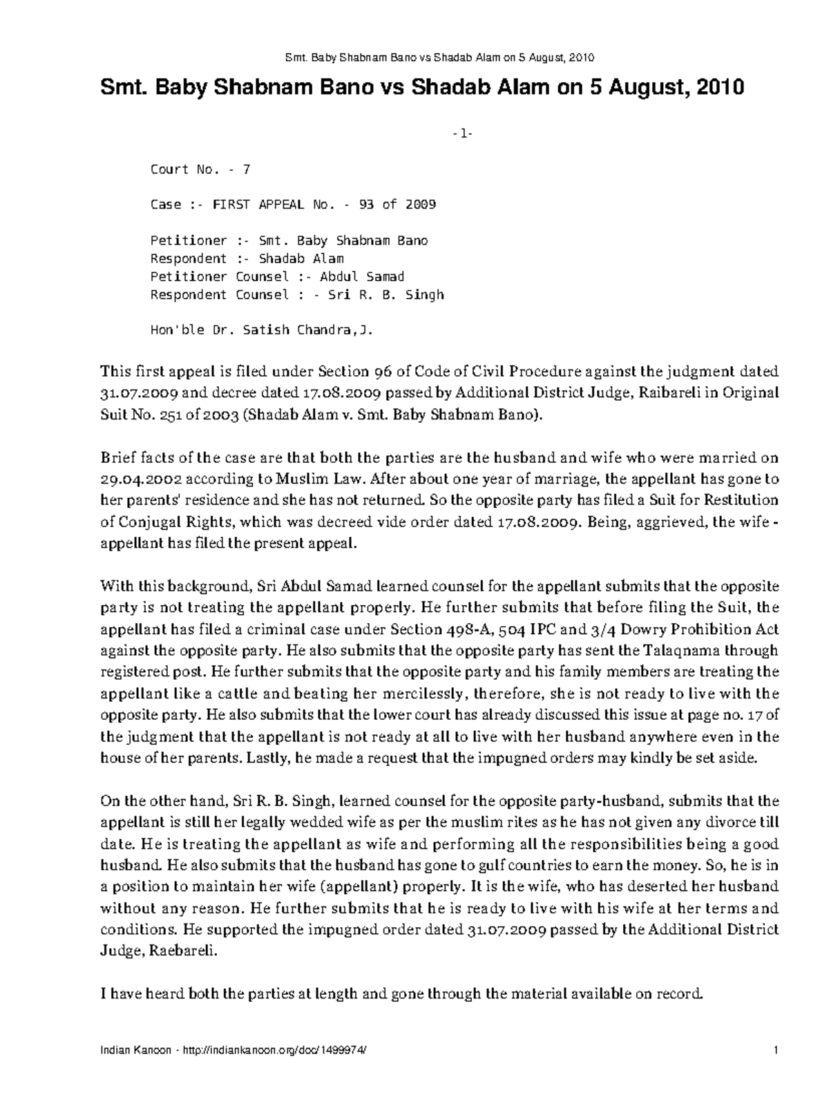 Smt Baby Shabnam Bano vs Shadab Alam on 5 August 2010 - Smt. Baby Shabnam Bano vs Shadab Alam on ...