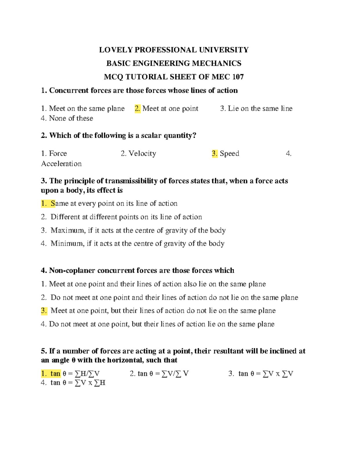 Mec107 mcqs - MCQS - LOVELY PROFESSIONAL UNIVERSITY BASIC ENGINEERING ...